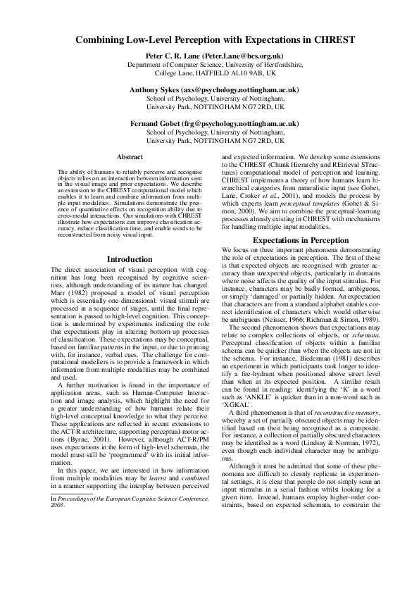 (PDF) Combining low-level perception with expectations in CHREST