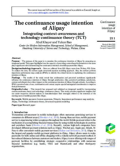 (PDF) The continuance usage intention of Alipay Integrating context-awareness and technology ...
