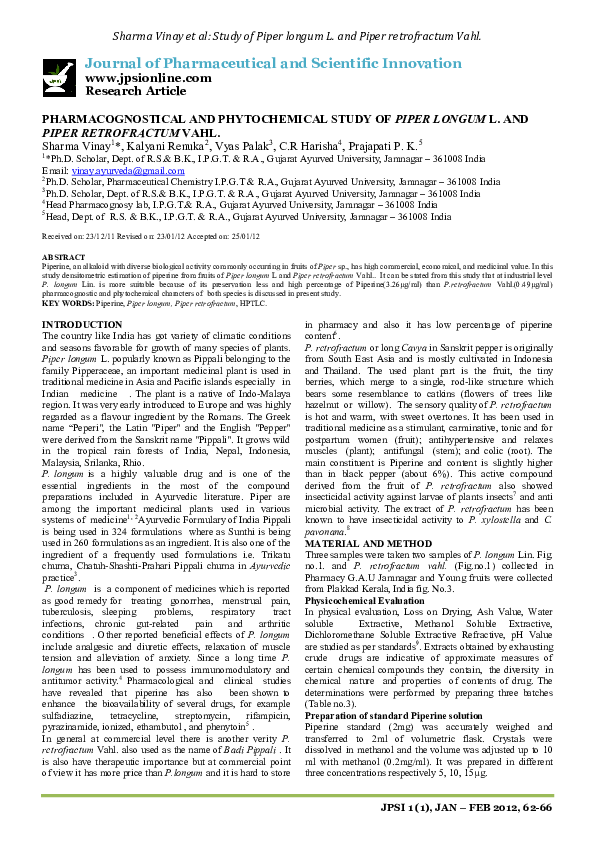 (PDF) Pharmacognostical and Phytochemical Study of Piper Longum L. And ...