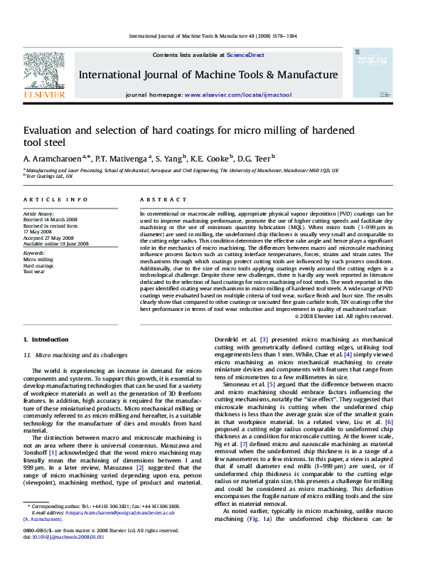(PDF) Evaluation and selection of hard coatings for micro milling of ...