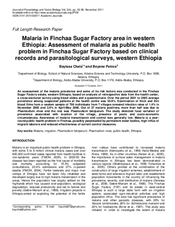 (PDF) Malaria in Finchaa Sugar Factory area in western Ethiopia ...