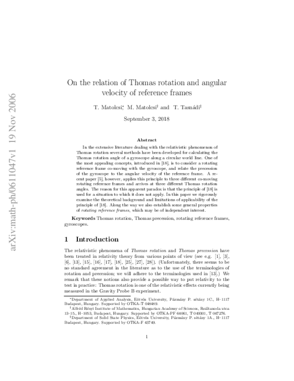 (PDF) On the relation of Thomas rotation and angular velocity of ...