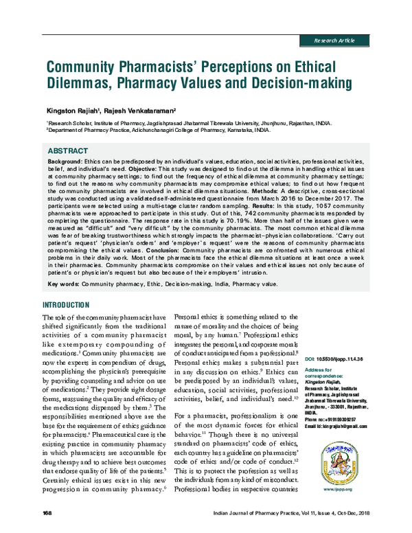 (PDF) Community Pharmacists’ Perceptions on Ethical Dilemmas, Pharmacy ...