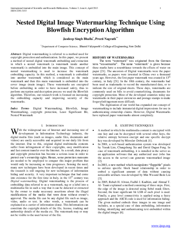 (PDF) Nested Digital Image Watermarking Technique Using Blowfish Encryption Algorithm