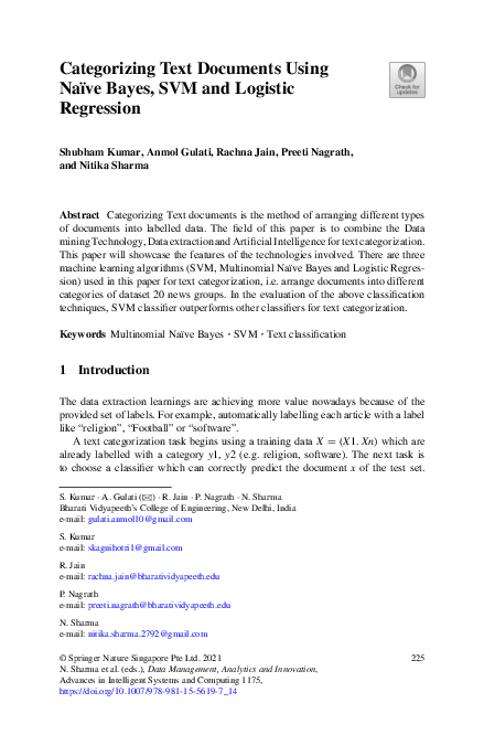 Pdf Categorizing Text Documents Using Naïve Bayes Svm And Logistic Regression