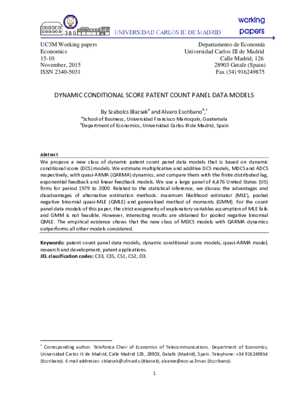 Pdf Dynamic Conditional Score Patent Count Panel Data Models