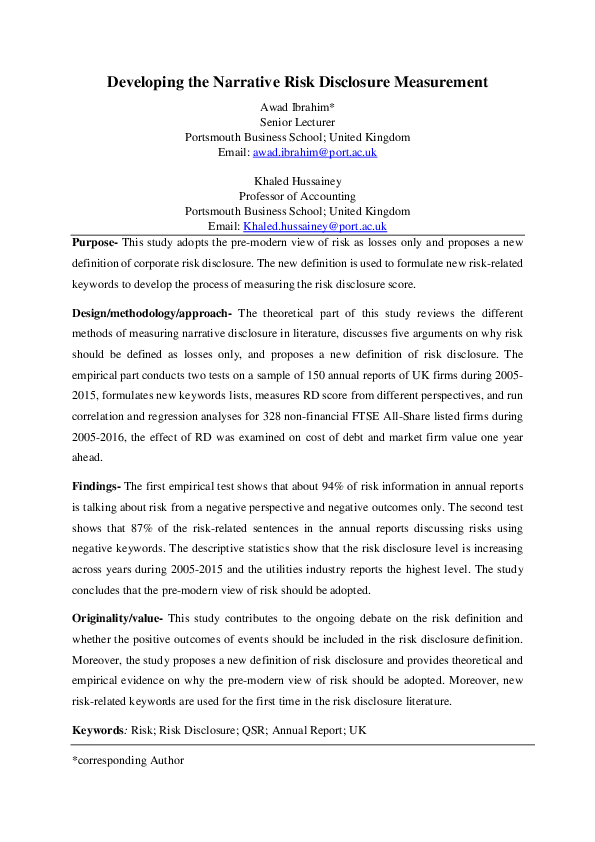 (PDF) Developing the narrative risk disclosure measurement