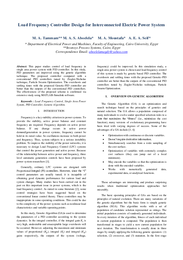 (PDF) Load Frequency Controller Design for Interconnected Electric Power System