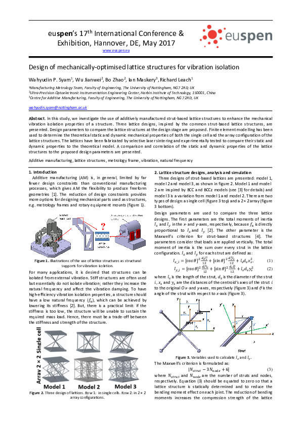 (PDF) Design of mechanically-optimised lattice structures for vibration isolation | Wahyudin ...