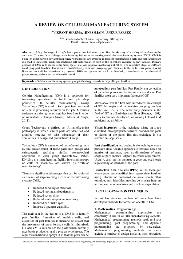 (PDF) A Review on Cellular Manufacturing System | Ankur Pareek ...