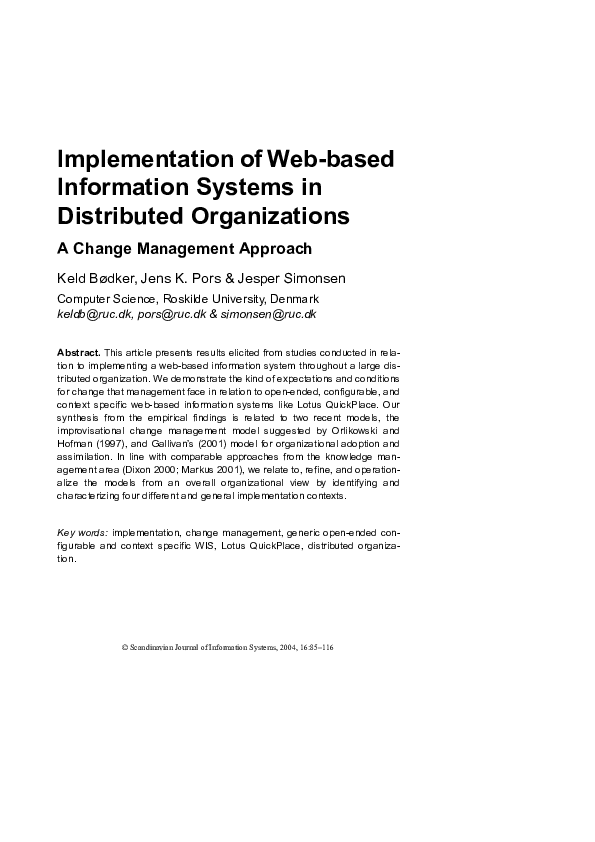 (PDF) Implementation og Web-based Information Systems in Distributed Organizations: A Change ...