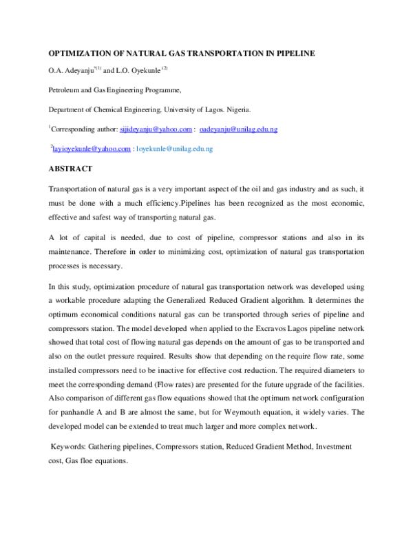 (PDF) Optimization of Natural Gas Transportation in Pipeline