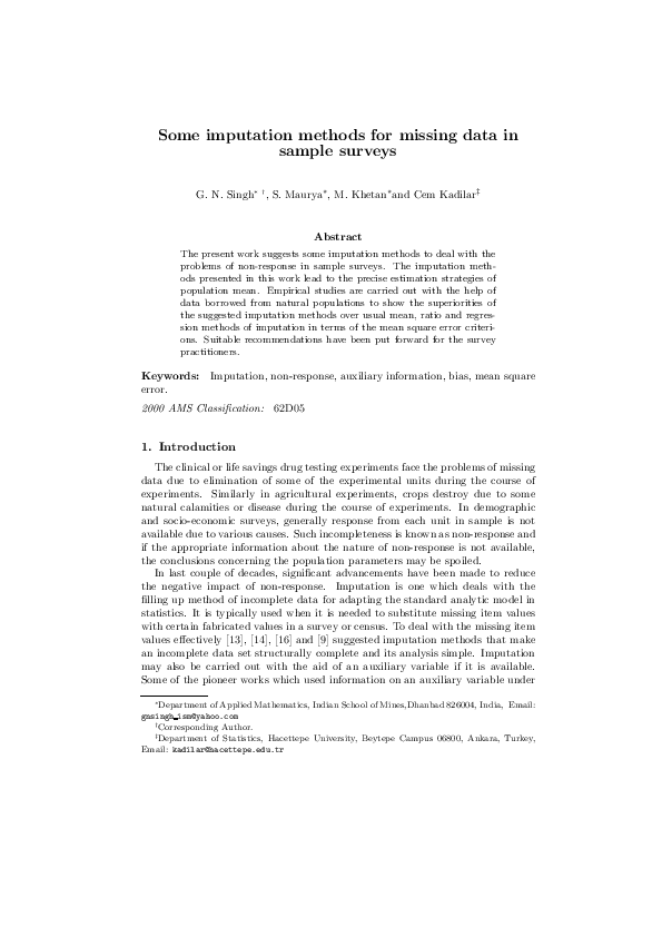 (PDF) Some imputation methods for missing data in sample surveys