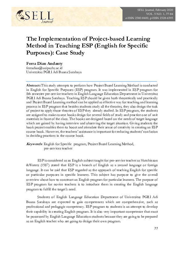 (PDF) The Implementation of Project-based Learning Method in Teaching ...