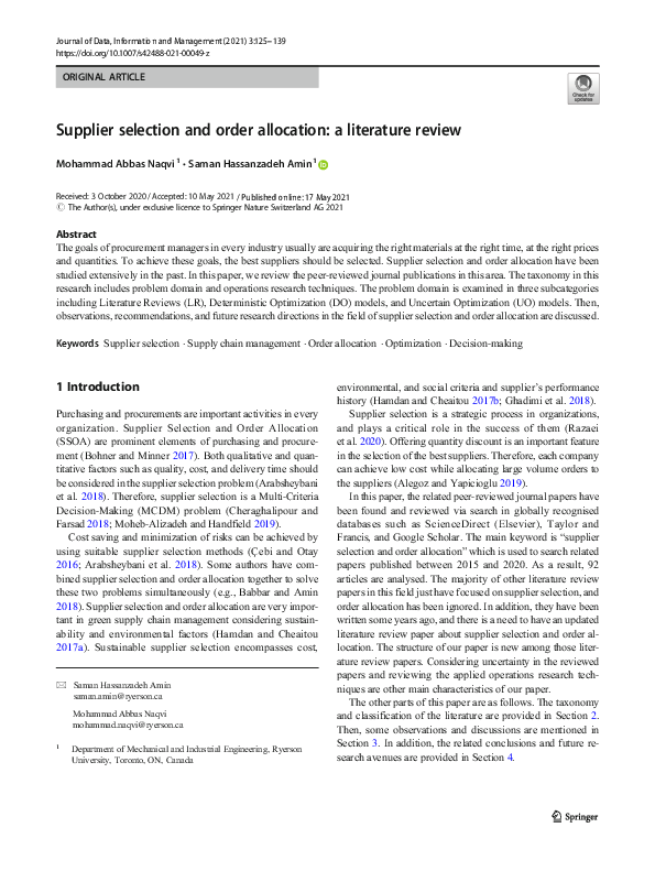 (PDF) Supplier selection and order allocation: a literature review