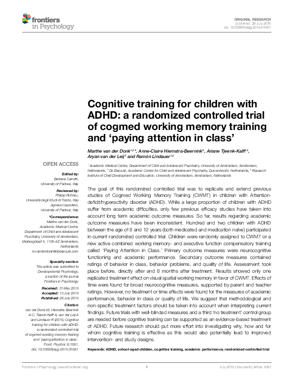 (PDF) Cognitive training for children with ADHD: a randomized controlled trial of cogmed working ...