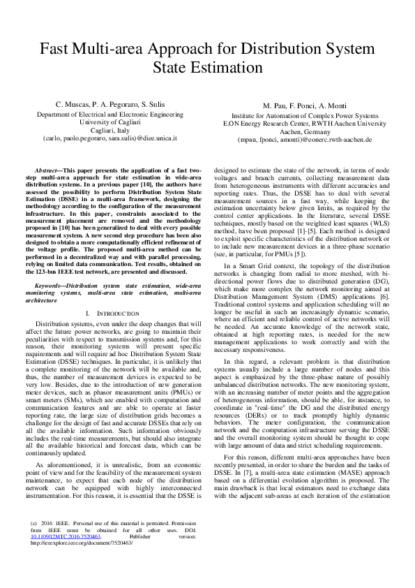 (PDF) Fast multi-area approach for distribution system state estimation