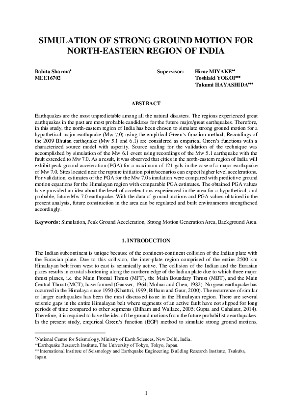 (PDF) 1 Simulation of Strong Ground Motion for North-Eastern Region of ...
