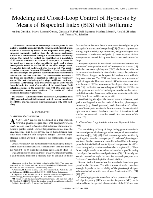 (PDF) Modeling and closed-loop control of hypnosis by means of bispectral index (BIS) with ...