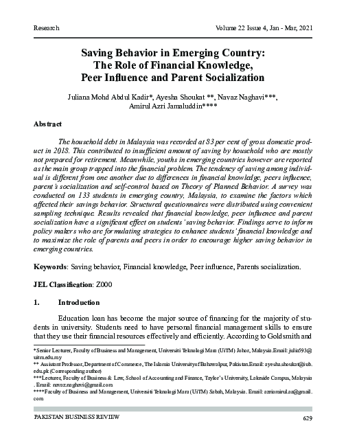 (PDF) Saving Behavior in Emerging Country: The Role of Financial Knowledge, Peer Influence and ...