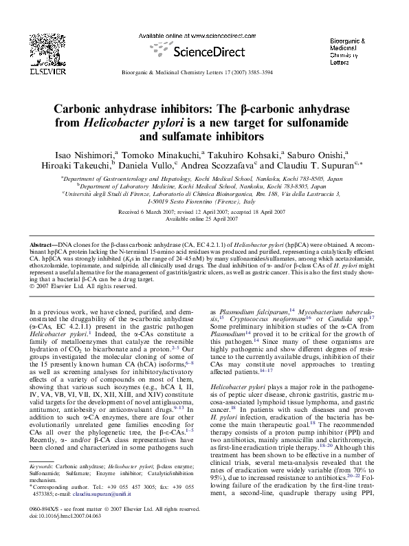 (PDF) Carbonic anhydrase inhibitors: The β-carbonic anhydrase from ...