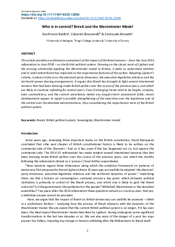 (PDF) Who is in Control? Brexit and the Westminster Model