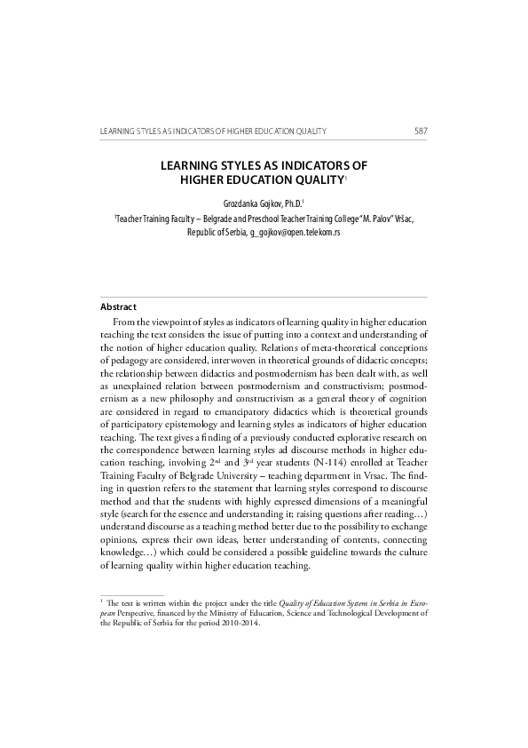 (PDF) Learning Styles as Indicators of Higher Education Quality