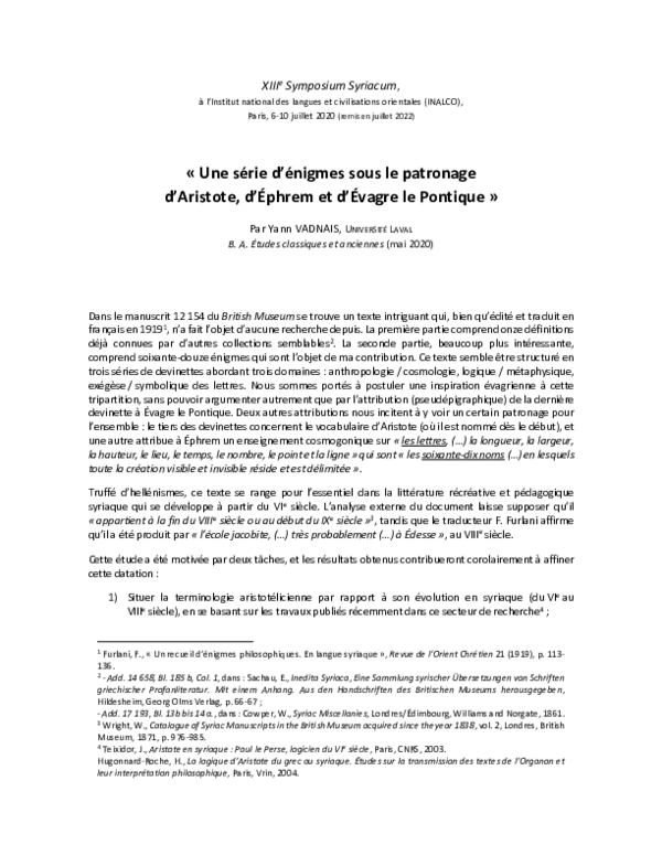 (PDF) « Une série d'énigmes sous le patronage d'Aristote, d'Éphrem et d ...