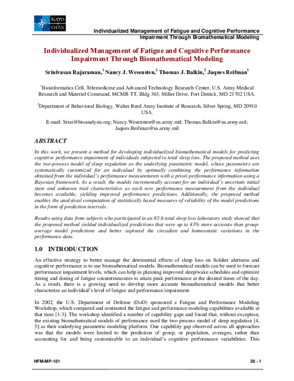 (PDF) Individualized Management of Fatigue and Cognitive Performance Impairment through ...