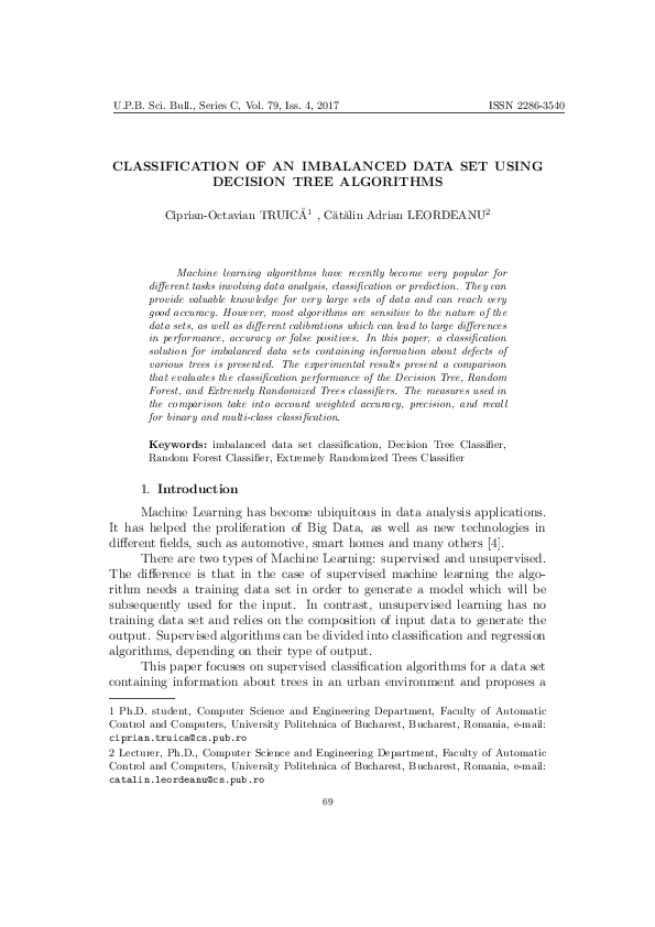 Pdf Classification Of An Imbalanced Data Set Using Decision Tree Algorithms 6622