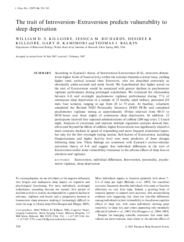 (PDF) The trait of Introversion–Extraversion predicts vulnerability to sleep deprivation