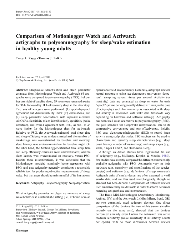 (PDF) Comparison of Motionlogger Watch and Actiwatch actigraphs to ...