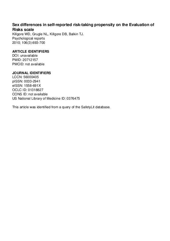 Pdf Sex Differences In Self Reported Risk Taking Propensity On The