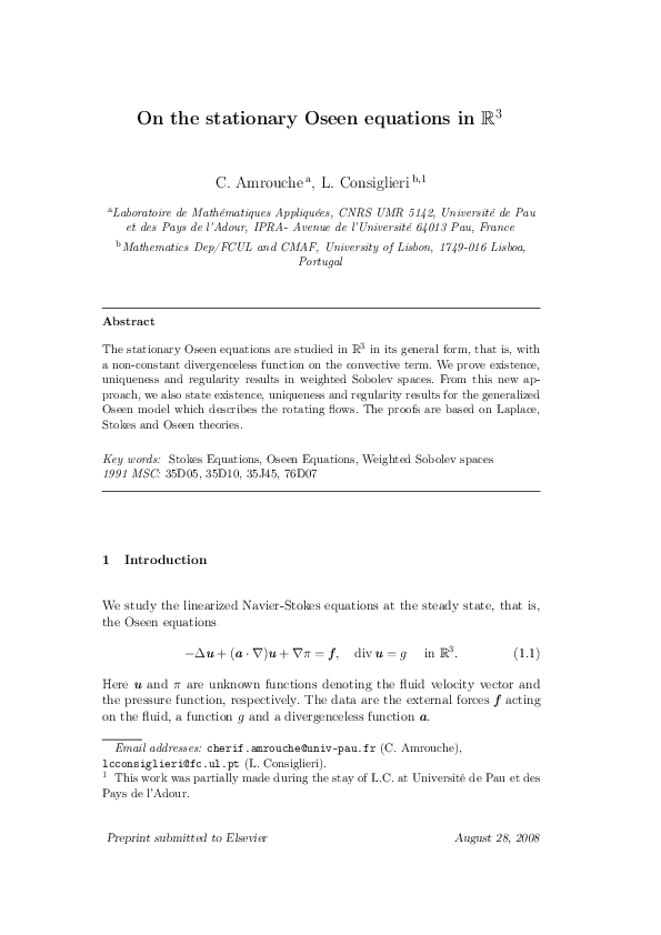 (PDF) On the stationary Oseen equations in R^3 | Luisa Consiglieri ...