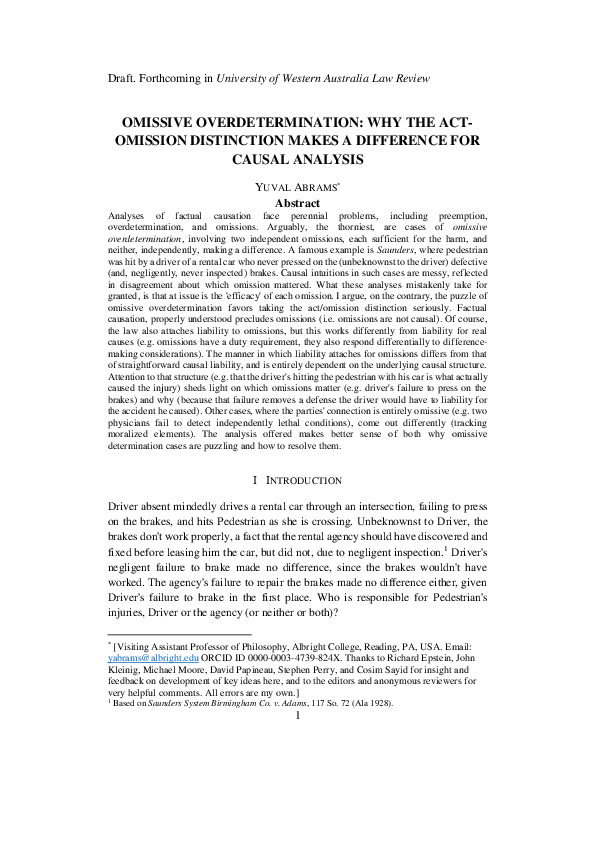 (PDF) OMISSIVE OVERDETERMINATION: WHY THE ACT-OMISSION DISTINCTION ...