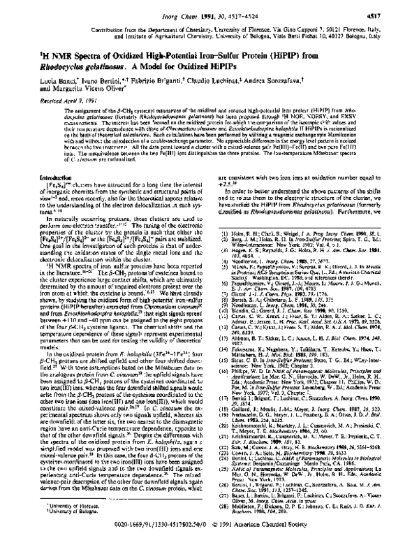 (PDF) Proton NMR spectra of oxidized high-potential iron-sulfur protein ...