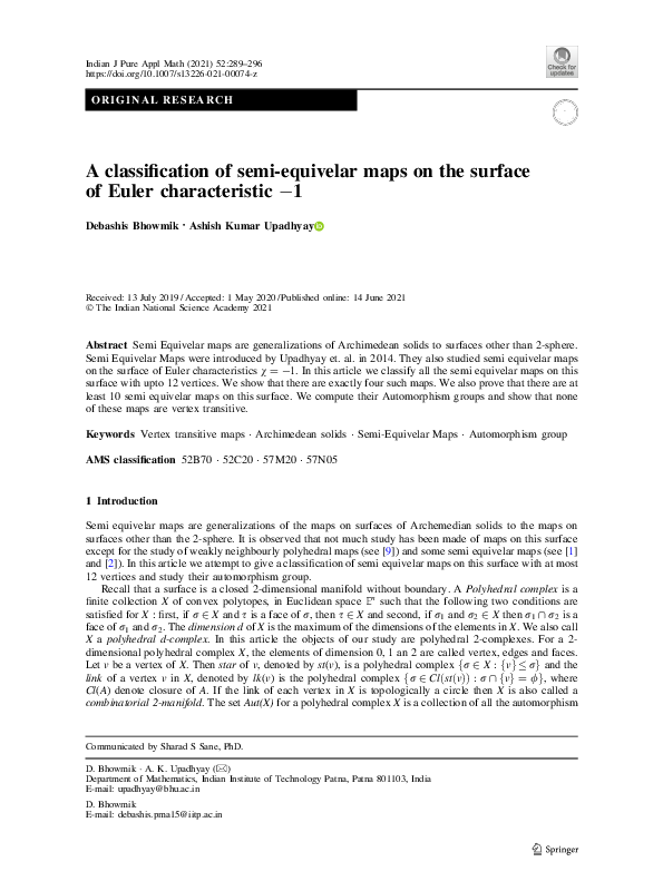 (PDF) A classification of semi-equivelar maps on the surface of Euler characteristic $$-1$$