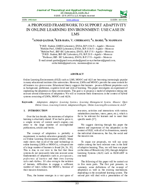 (PDF) A Proposed Framework to Support Adaptivity In Online Learning Environment: Use Case In LMS