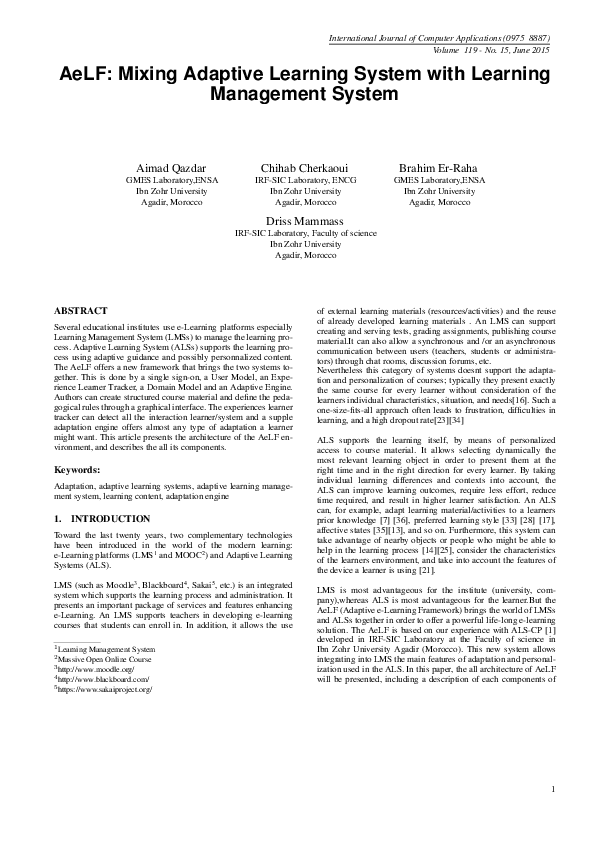 (PDF) AeLF: Mixing Adaptive Learning System with Learning Management System