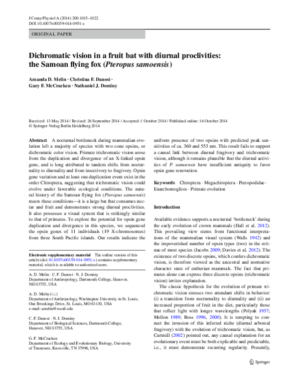 (PDF) Dichromatic vision in a fruit bat with diurnal proclivities: the ...