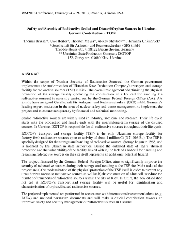 (PDF) Safety and Security of Radioactive Sealed and Disused/Orphan ...