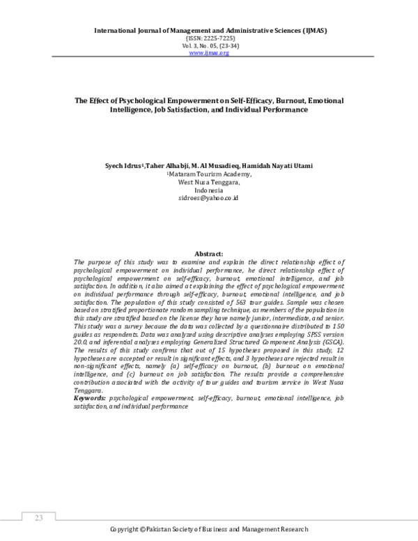 (PDF) The Effect of Psychological Empowerment on Self-Efficacy, Burnout, Emotional Intelligence ...