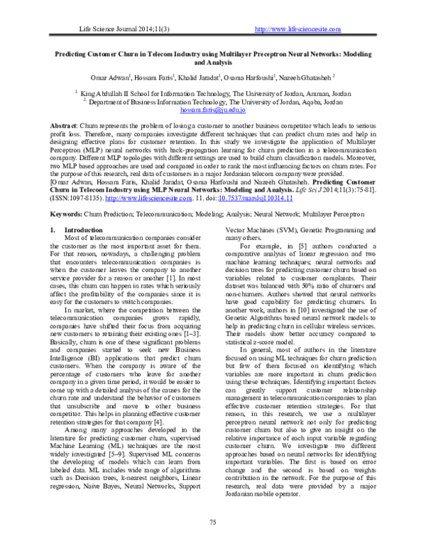 Pdf Predicting Customer Churn In Telecom Industry Using Multilayer Preceptron Neural Networks