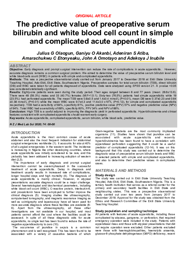(PDF) The predictive value of preoperative serum bilirubin and white ...