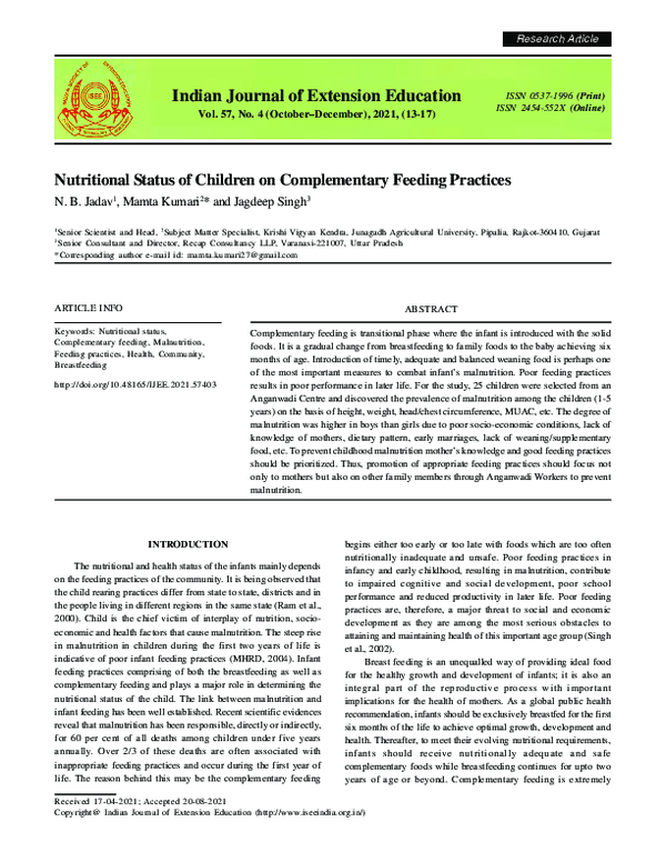 Pdf Nutritional Status Of Children On Complementary Feeding Practices