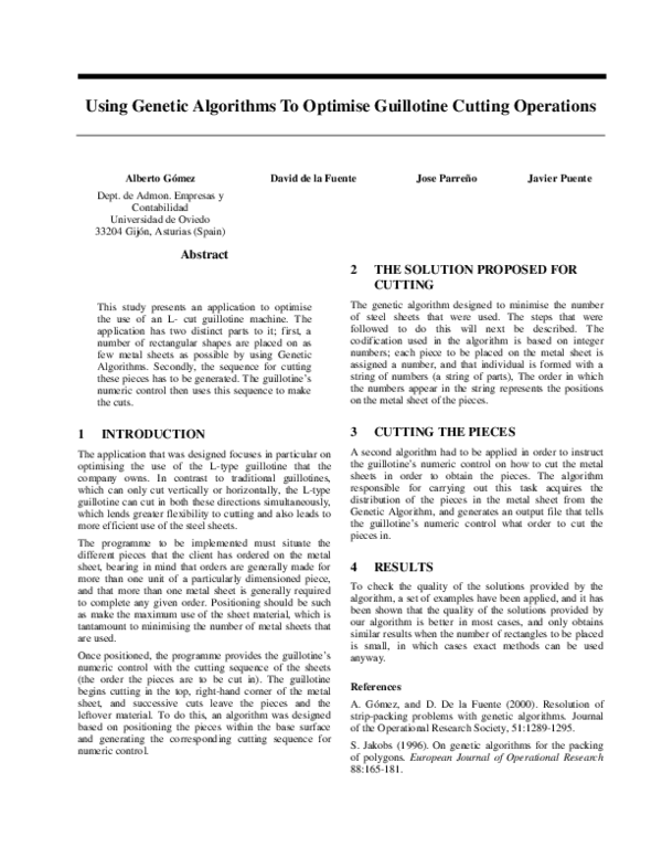 (PDF) Using Genetic Algorithms To Optimize Guillotine Cutting Operations