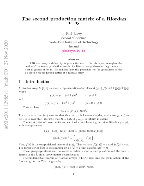 (PDF) The second production matrix of a Riordan array