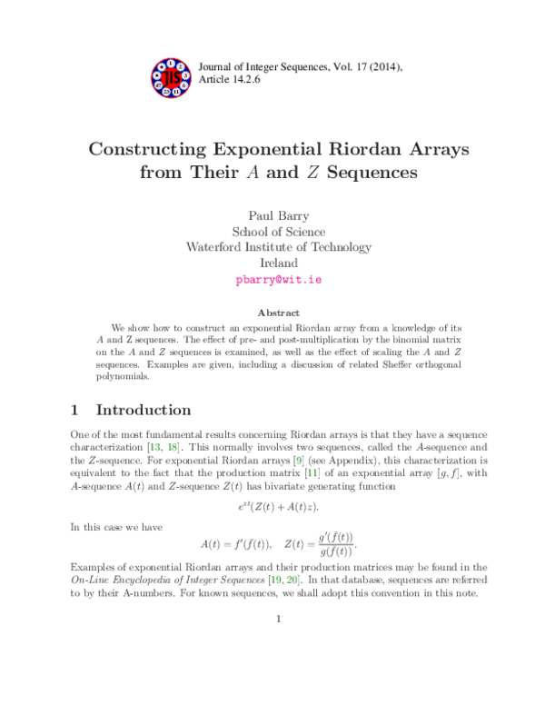 (PDF) Constructing Exponential Riordan Arrays from Their A and Z Sequences