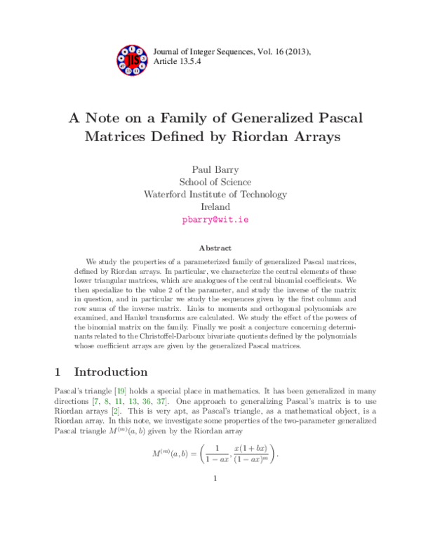 (PDF) A Note on a Family of Generalized Pascal Matrices Defined by ...