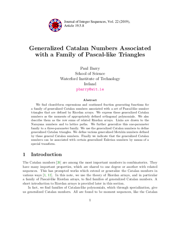 (PDF) Generalized Catalan Numbers Associated with a Family of Pascal ...